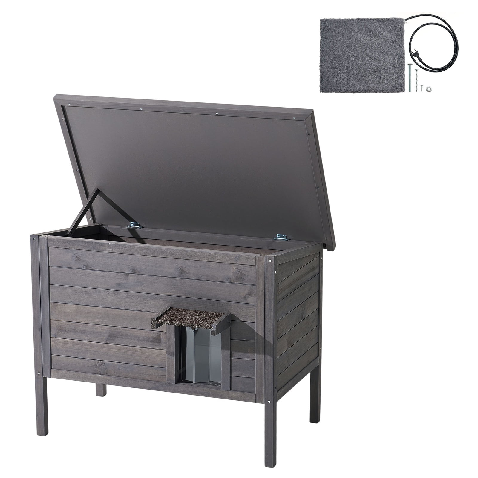 KFFKFF Heated Wooden Cat Shelter, Insulated Outdoor House for Cats, Weatherproof Feral Cat ...