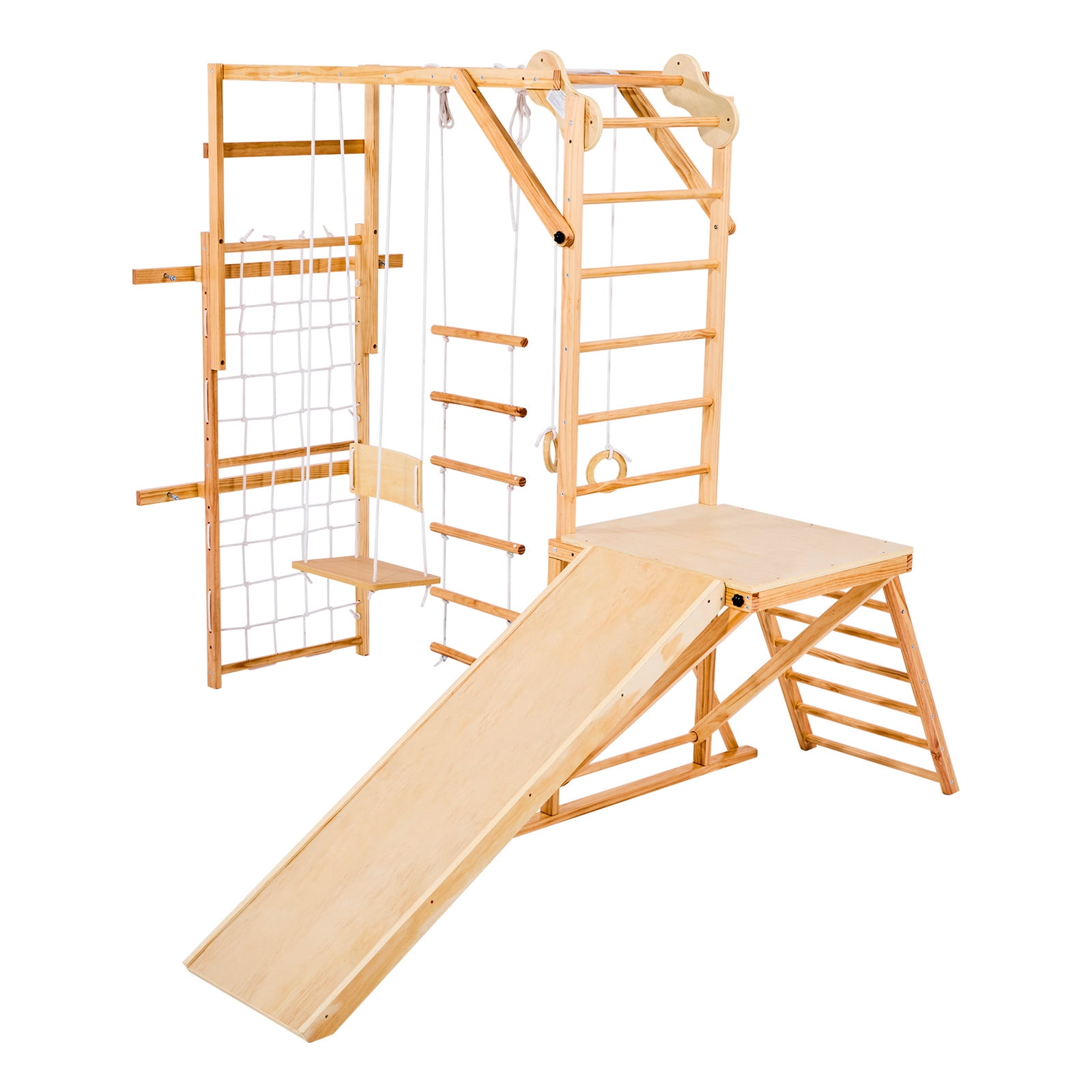 KFFKFF Indoor Wooden Jungle Gym for Kids, 8-in-1 Playset with Slide ...