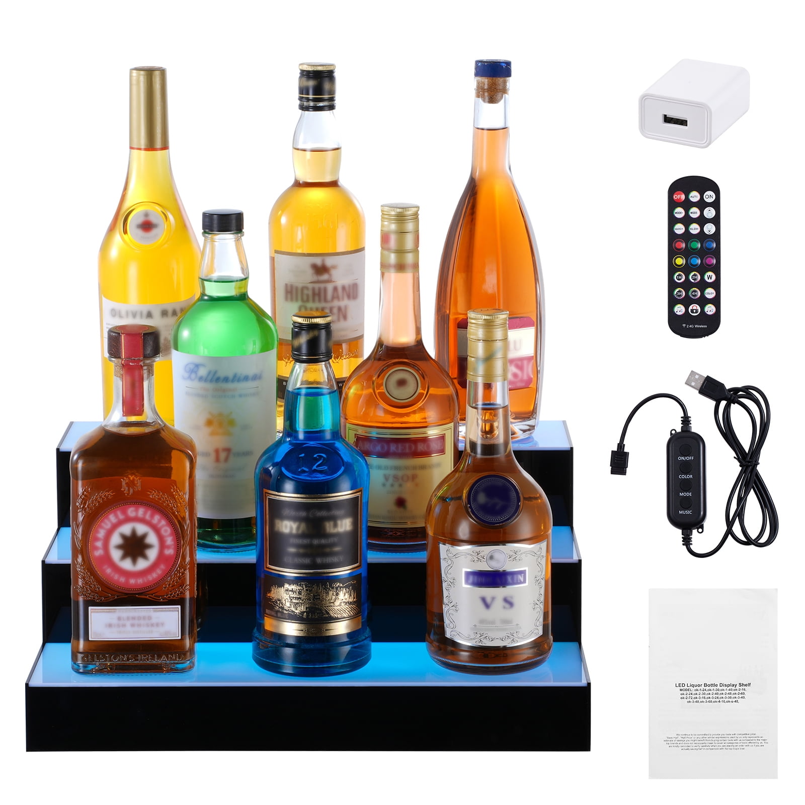 KFFKFF LED Illuminated Bar Shelf, 3-Tier 16'' Display for Liquor ...