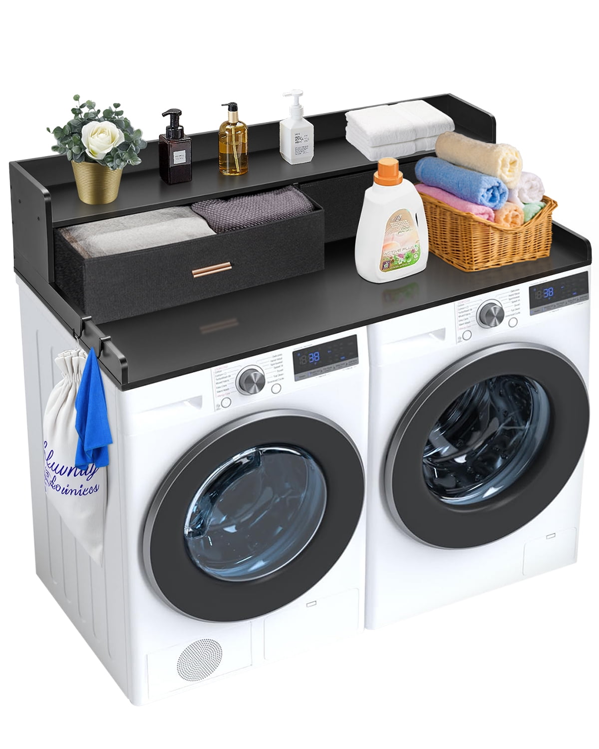 KFFKFF Laundry Room Organizer with Dual Drawers and Double Layer Shelf ...