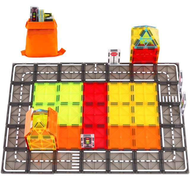 KFFKFF Magnetic Pieces, Set of 56 Magnetic Highway Construction Bricks ...