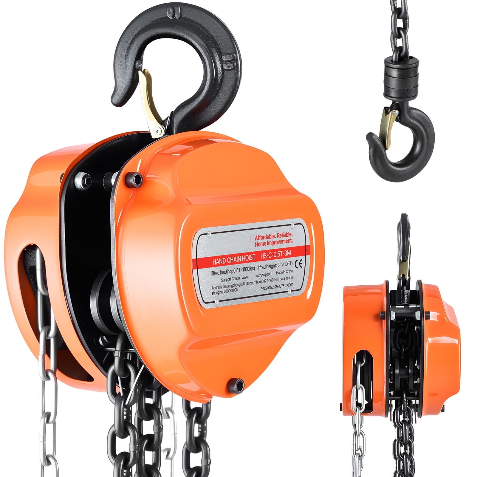 KFFKFF Manual Hand Chain Hoist, 1/2 Ton 1100 lbs Capacity, Chain Block ...