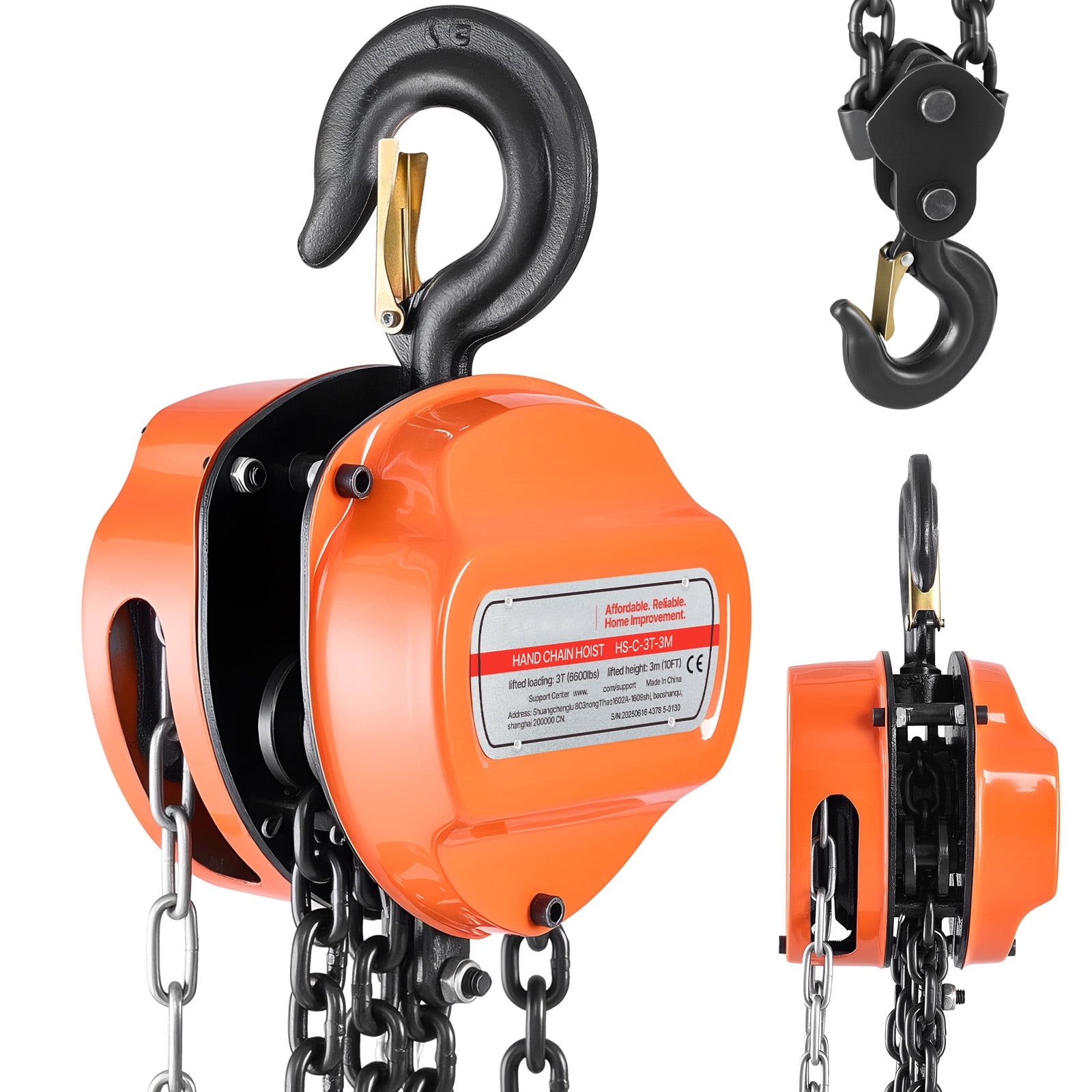 KFFKFF Manual Hand Chain Hoist, 3 Ton 6600 lbs Capacity, Chain Block ...