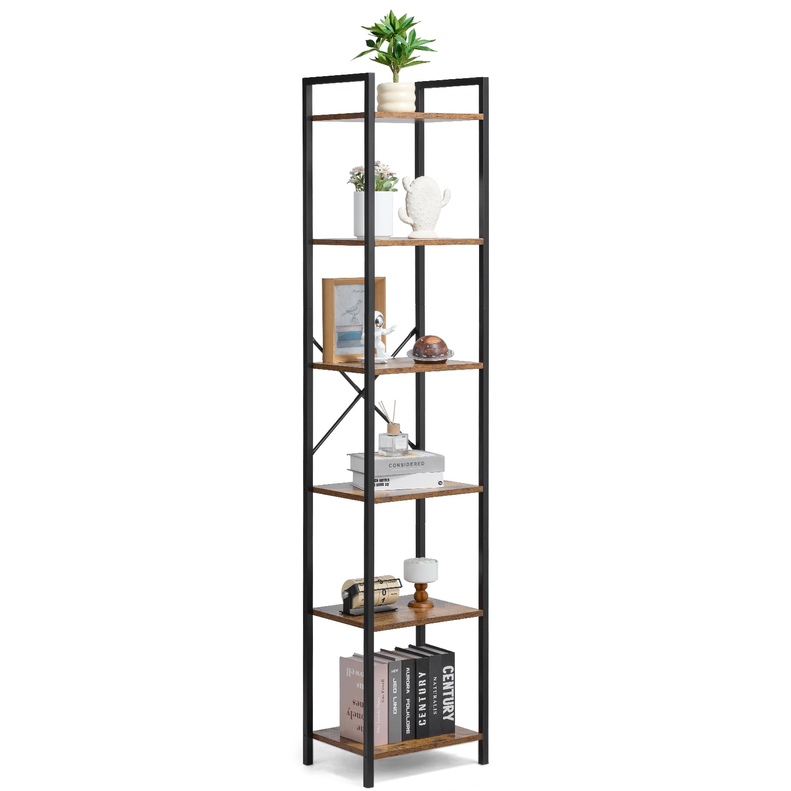 KFFKFF Metallic Shelf, Six-Level Industrial-Style Bookcase, Slim ...