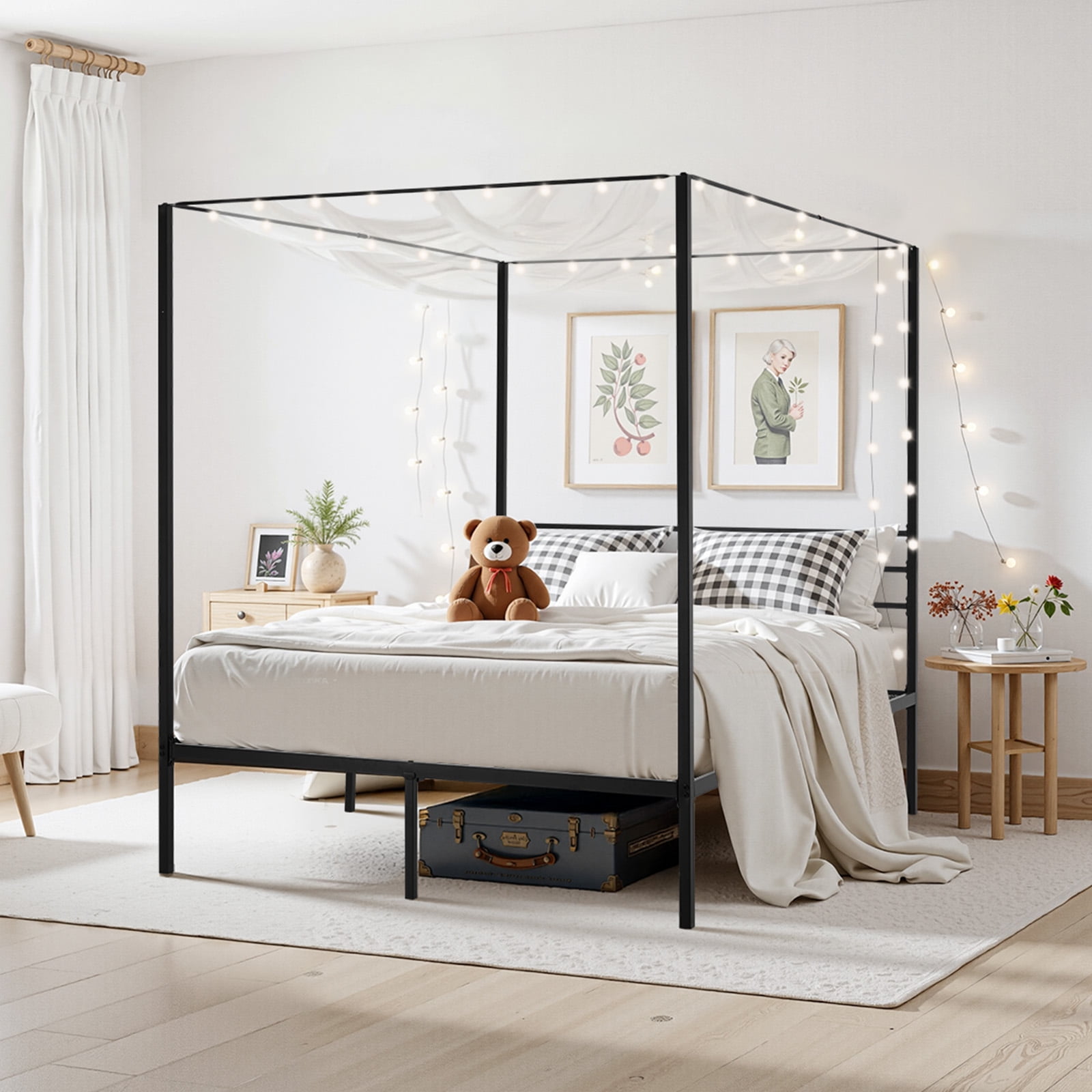 KFFKFF Queen Size Canopy Bed Frame for Bedroom, Durable Steel Bed Frame ...