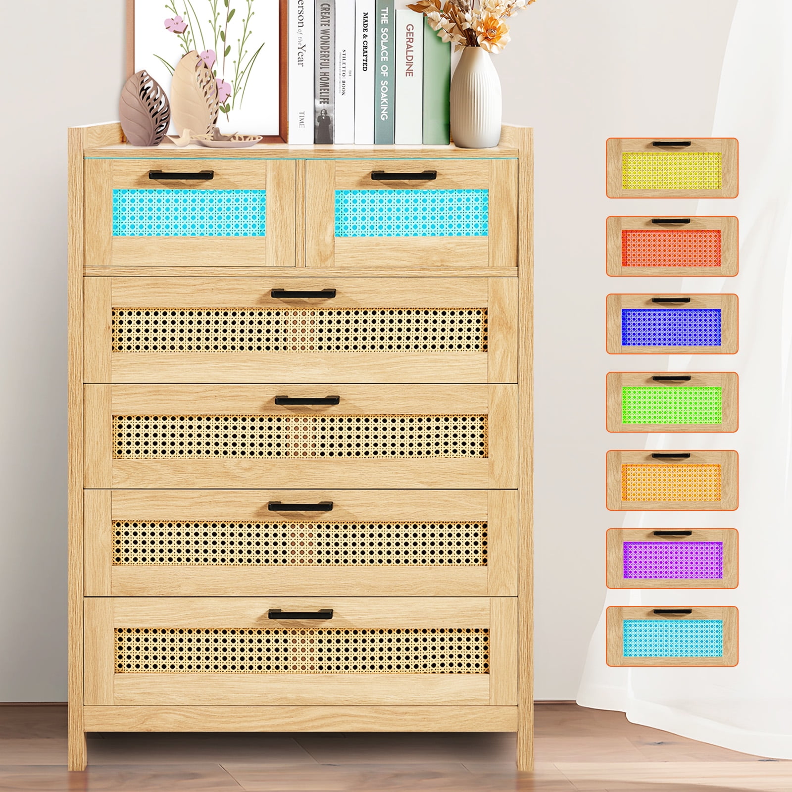 KFFKFF Rattan 5-Drawer Dresser, Contemporary Wooden Closet Organizer ...