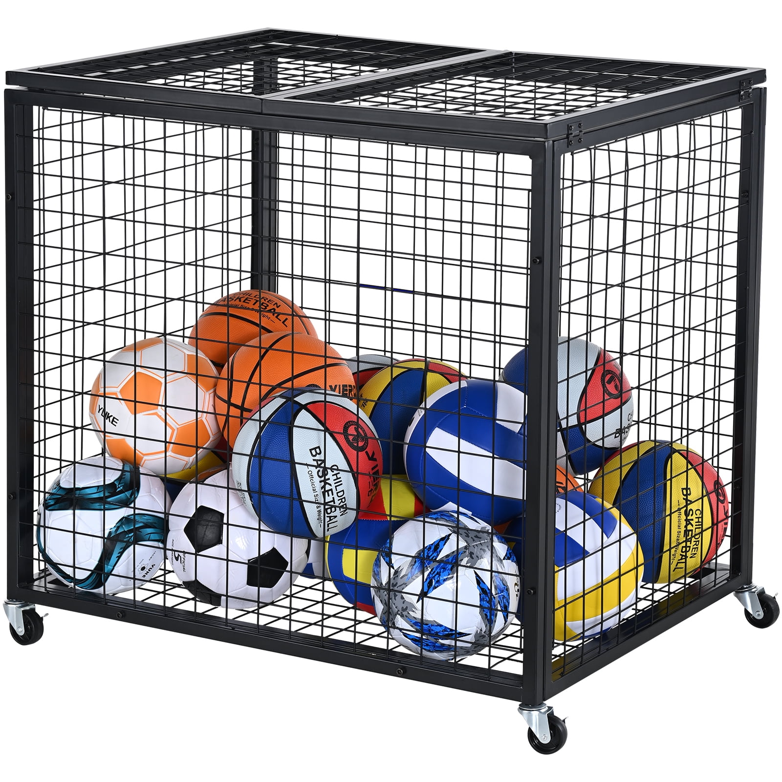 KFFKFF Rolling Sports Ball Storage Cart with Lockable Wheels Garages ...