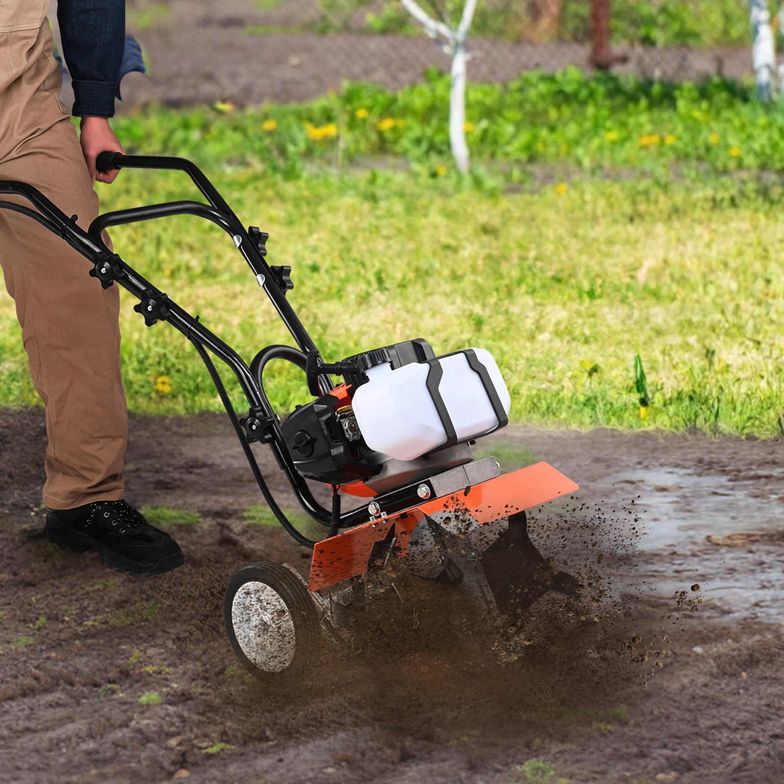 SKYSHALO 43CC 2-Stroke Gas Powered Tiller Cultivator, Garden Rototiller ...
