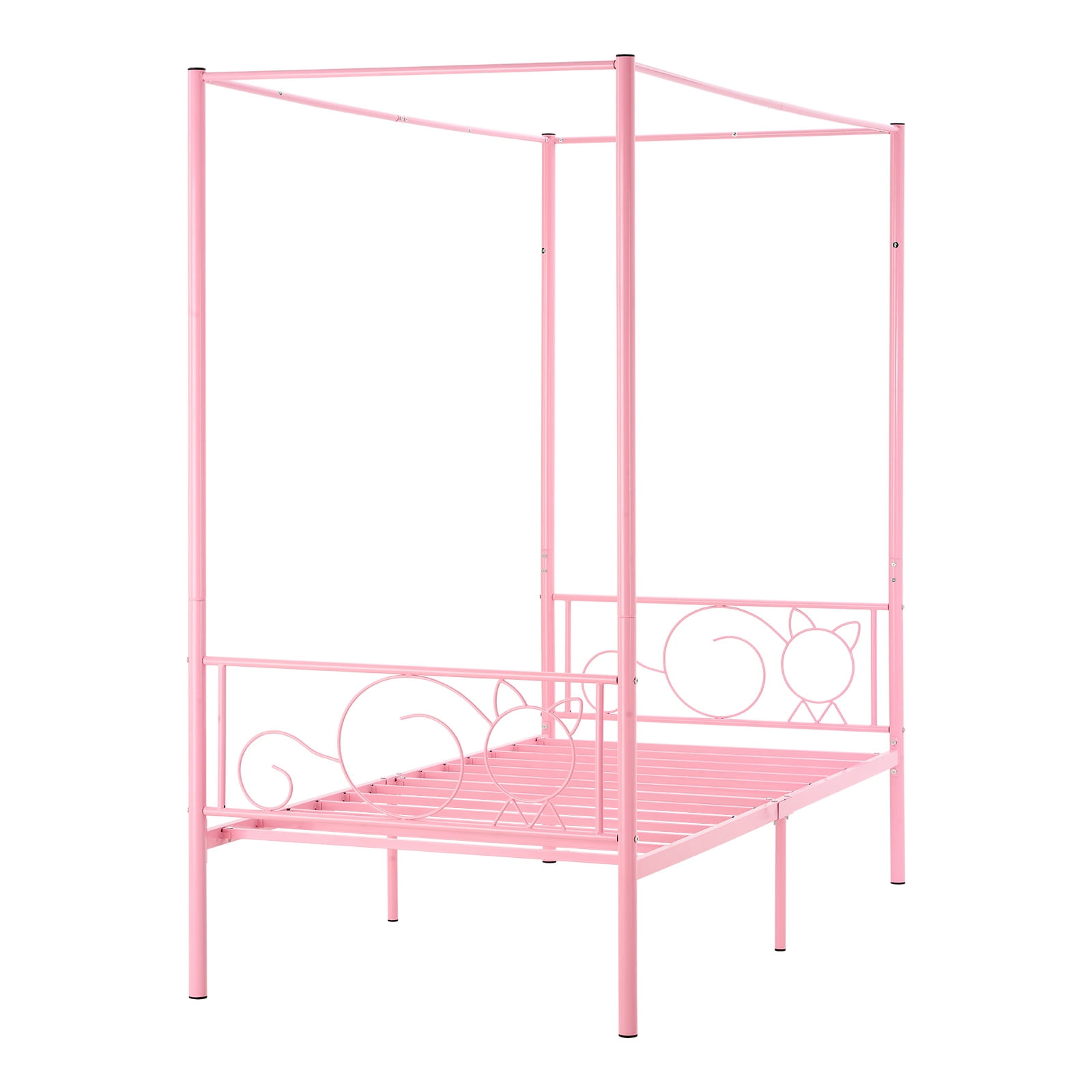 KFFKFF Bed Frame, Twin Size Metal Canopy, Four Poster Design, Pink ...