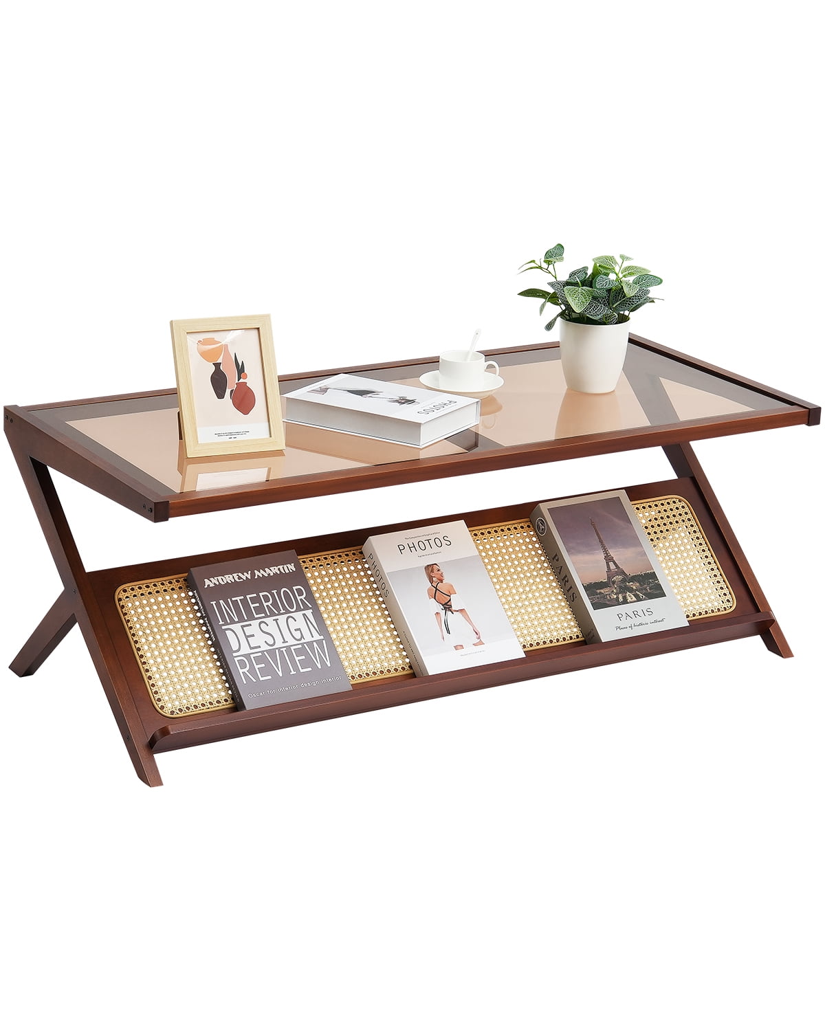 KFFKFF Wicker Coffee Table, Z-Form Wicker Weaved Bamboo Table with ...