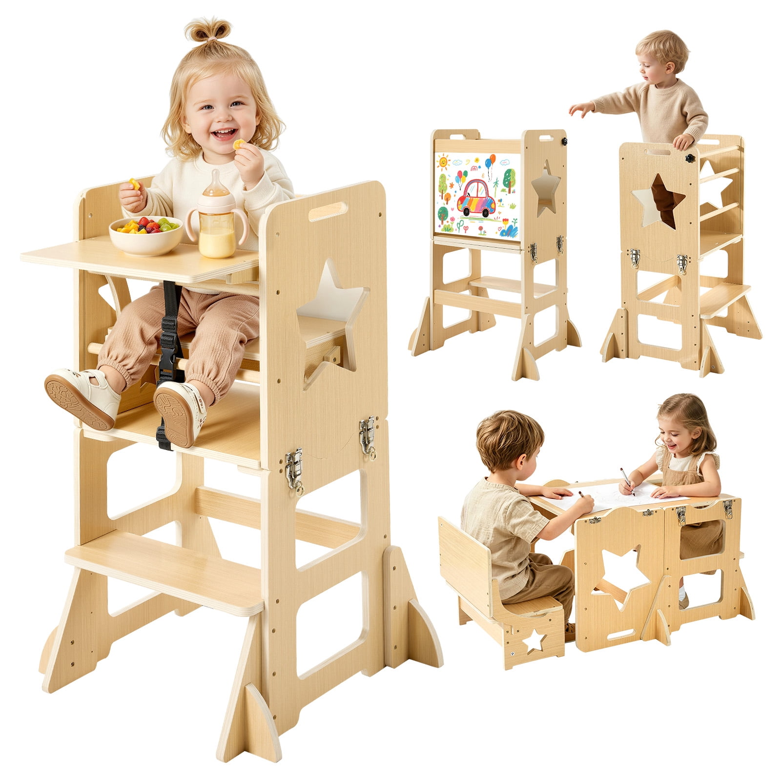 KFFKFF Wooden Toddler Tower, 6-in-1 Kitchen Step Stool for Kids Aged 1 ...
