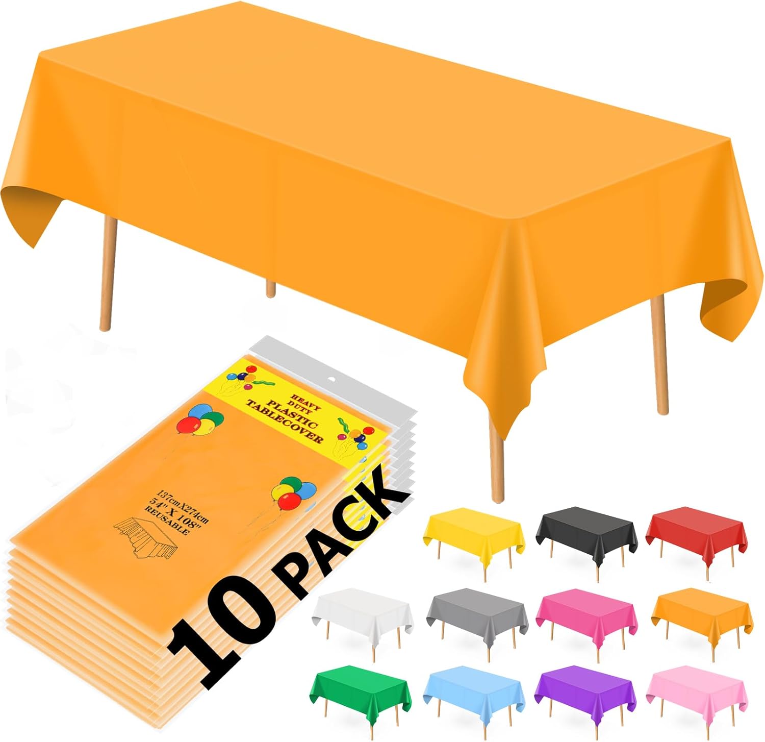 KFHARS-10 Pack Orange Plastic Tablecloths for Rectangle Tables, 54 x108 ...