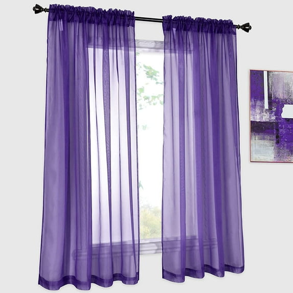 KFHARS-2 Panels Solid Color Dark Purple Sheer Curtains Elegant Rod ...