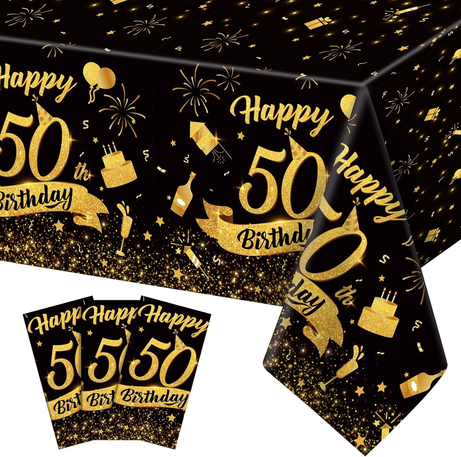 KFHARS-3 Pack 50th Birthday Tablecloth, Plastic Black Gold Table Cloths ...