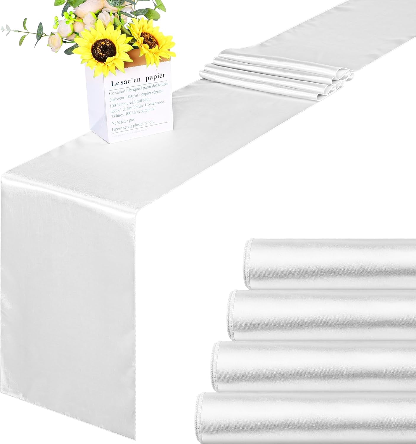 KFHARS-4 Pack Satin Table Runner 12 x 108 Inch White Long Bright Silk ...