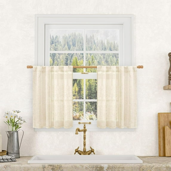 KFHARS-Beige Linen Cafe Curtains 24 Inch Length, Semi Sheer Light ...