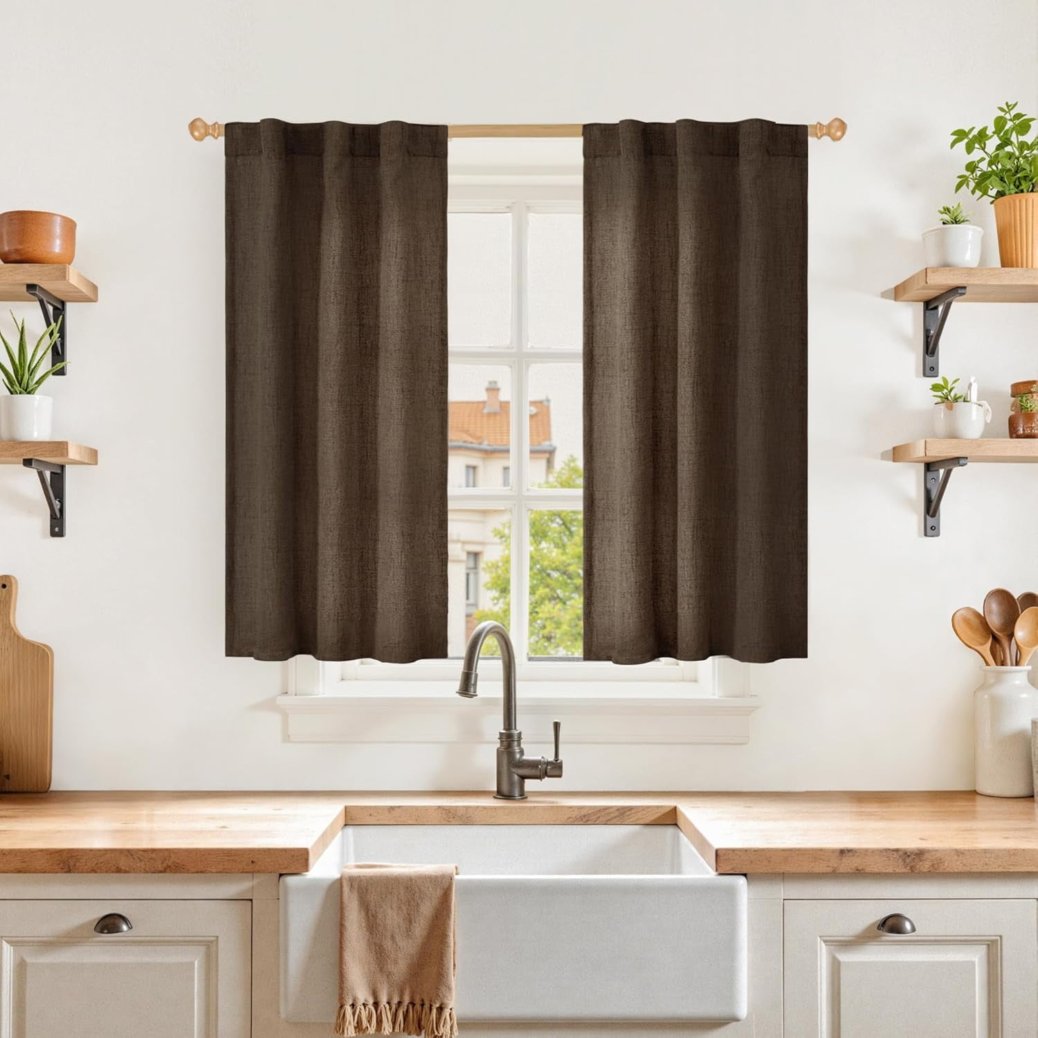 KFHARS-Brown Linen Curtains 40 Inch Length for Small Window, Chocolate ...