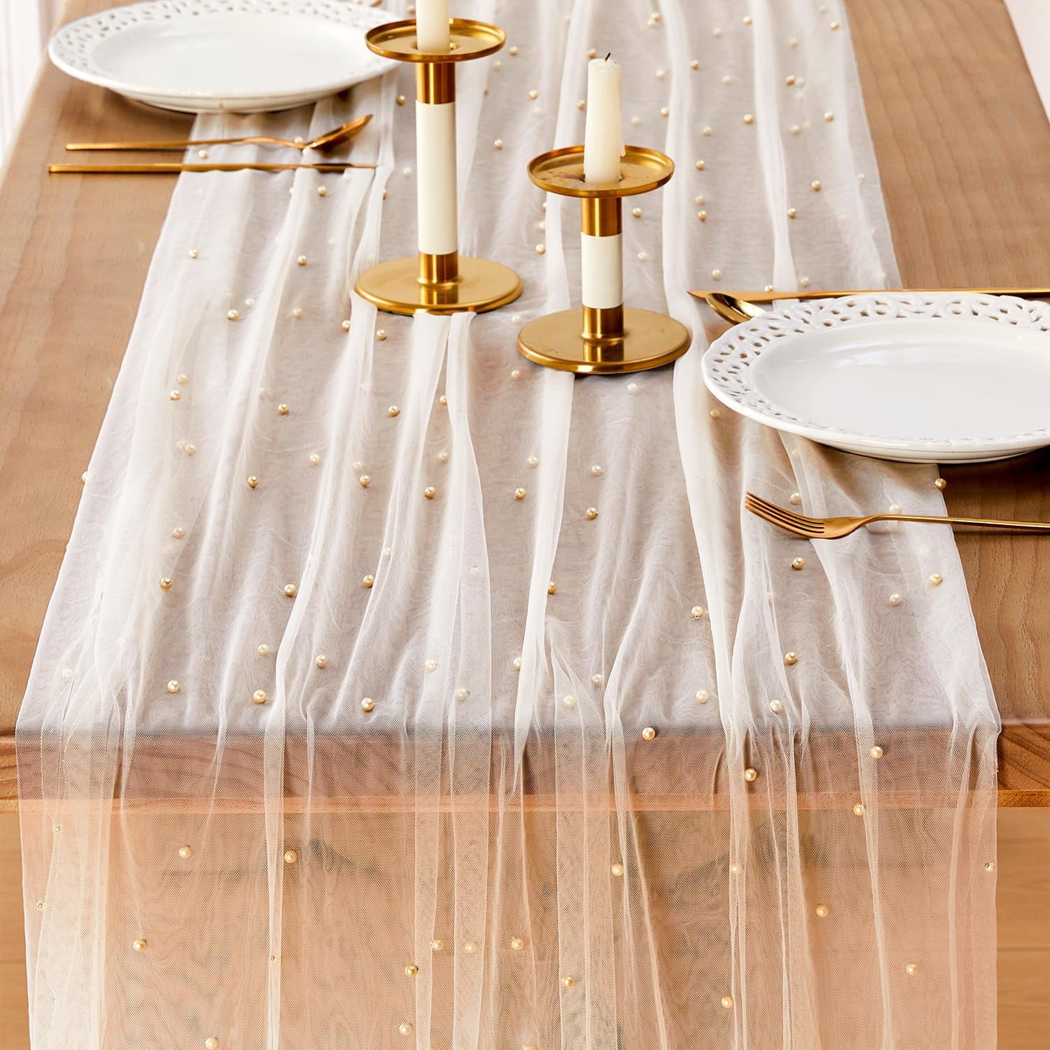 KFHARS-Champagne Pearl Cheesecloth Table Runner 10ft 120 inch Sheer ...