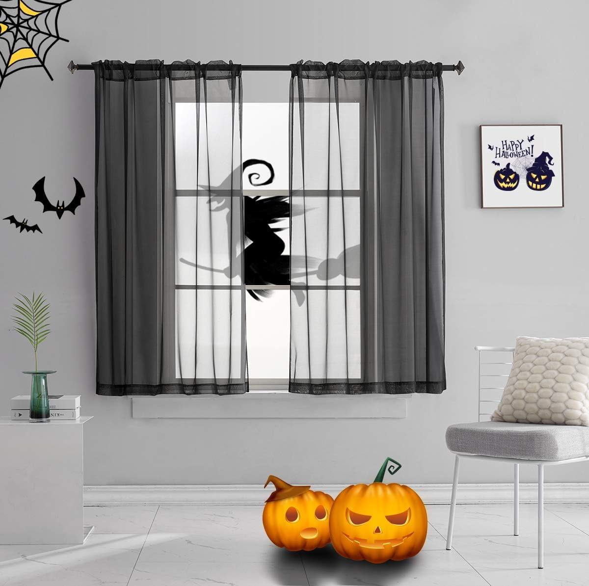 KFHARS-Halloween Decorations Black Sheer Curtains 45 Inches Long Short ...