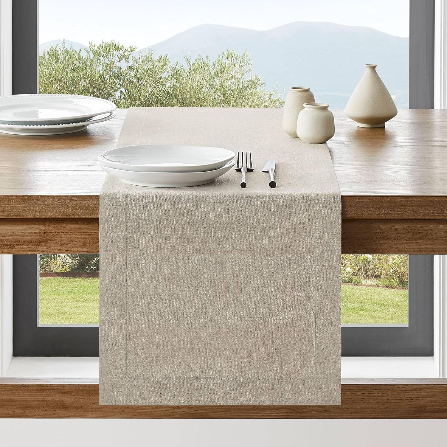 KFHARS-Linen Textured Border Table Runner, 14 x 60 Inch Natural ...