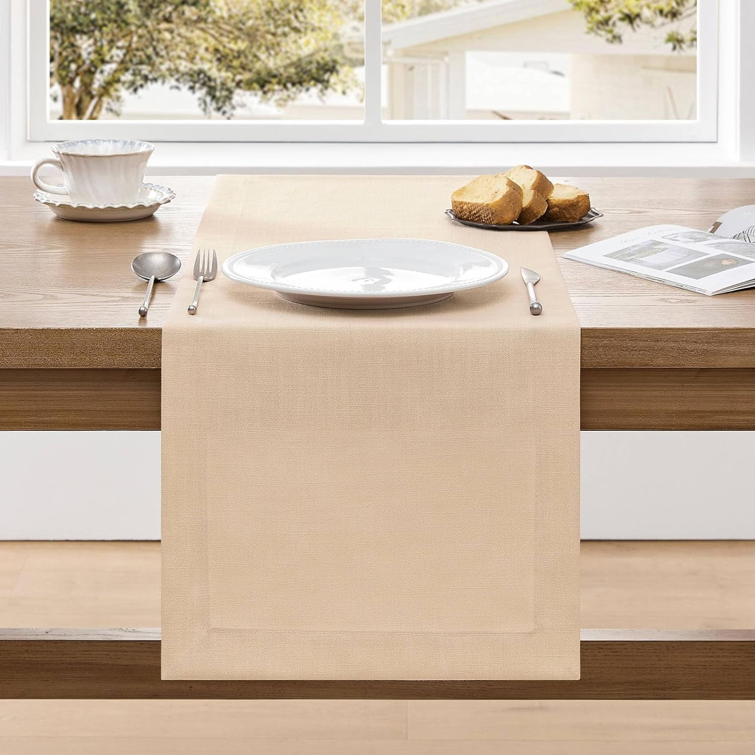 KFHARS-Linen Textured Border Table Runner, 14 x 60 Inch Oatmeal ...