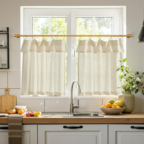 KFHARS-Linen Tier Curtains with Attached Valance for Kitchen Windows 24 ...