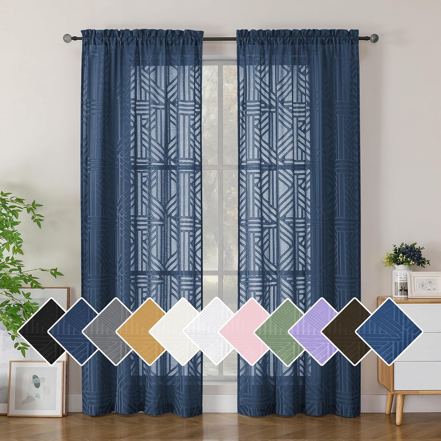 KFHARS-Navy Blue Semi Sheer Curtains 84 Inches Long 2 Panels, Light ...