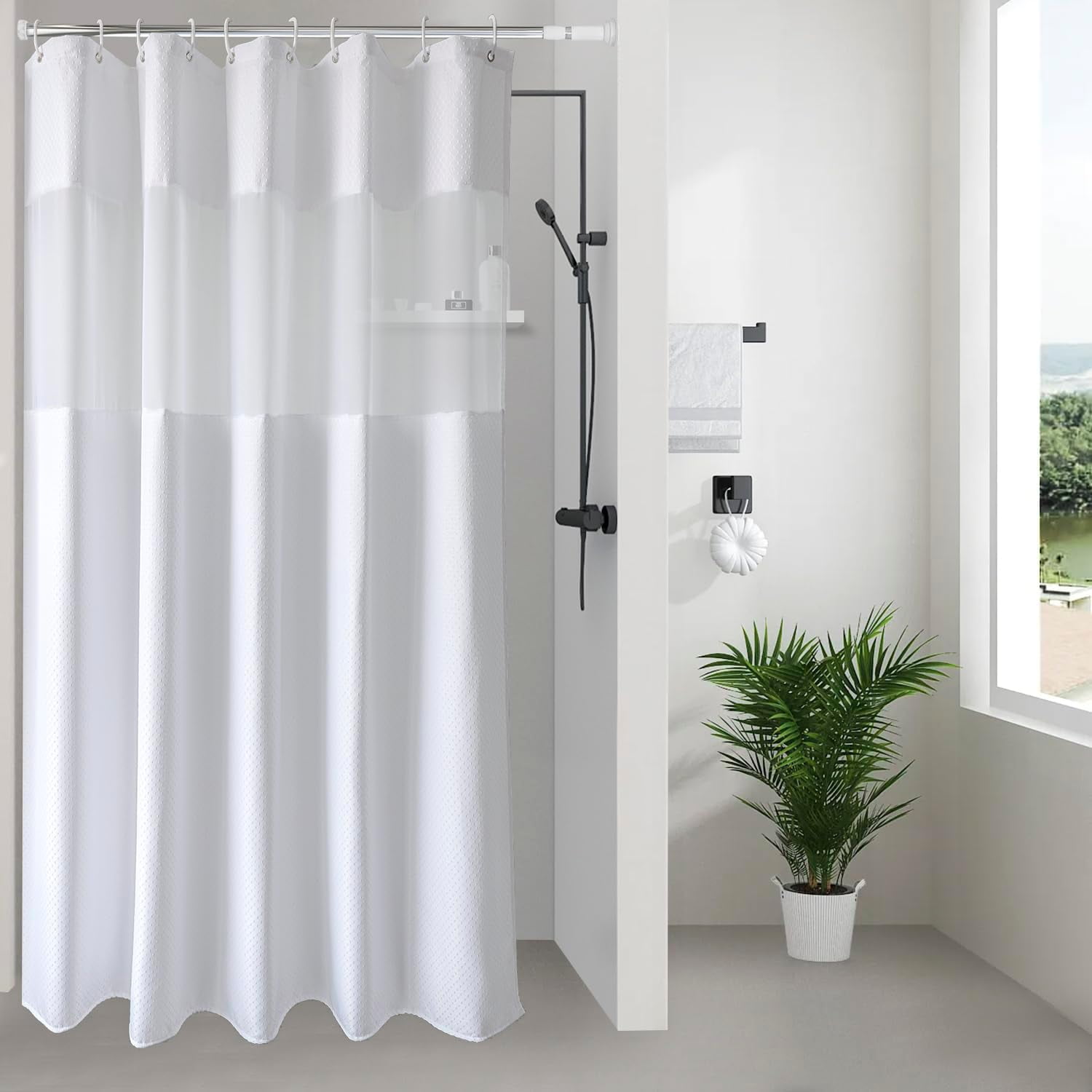 KFHARS-Waffle Weave Fabric Shower Curtain with Mesh Window, Heavy Duty ...