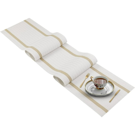 KFHARS-Woven Vinyl Table Runner White Table Runner Woven with Golden ...