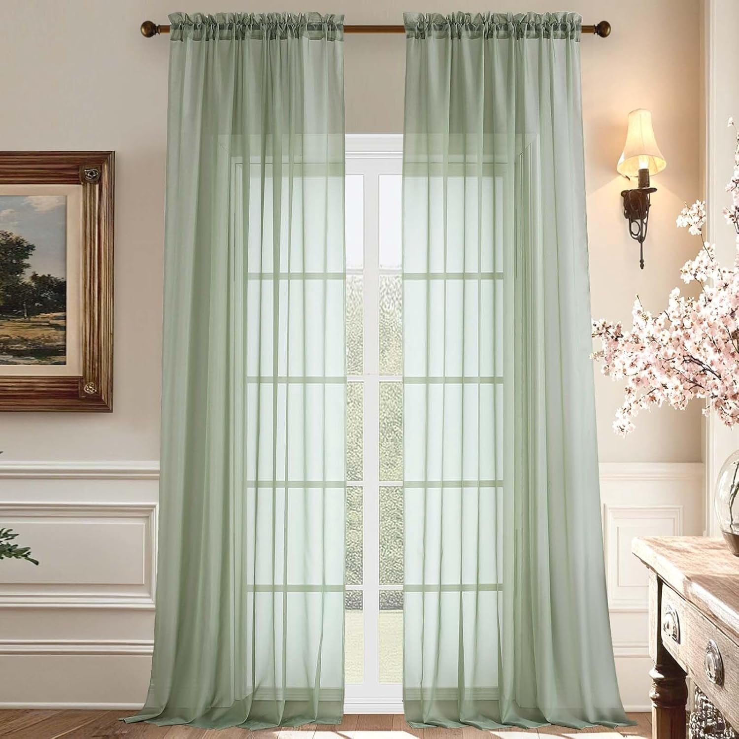KFHDRS-108 Inch Sage Green Sheer Window Curtains for Farmhouse, Rod ...
