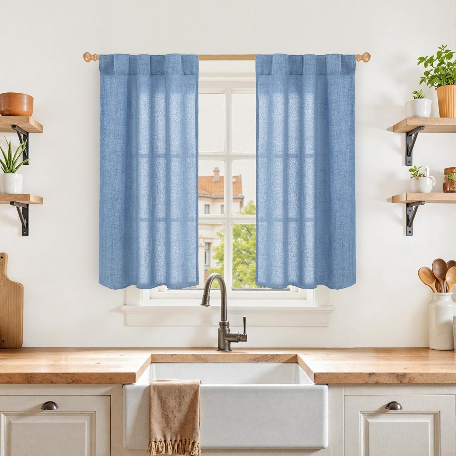 KFHDRS-Denim Blue Linen Curtains 40 Inch Length for Bathroom Window ...