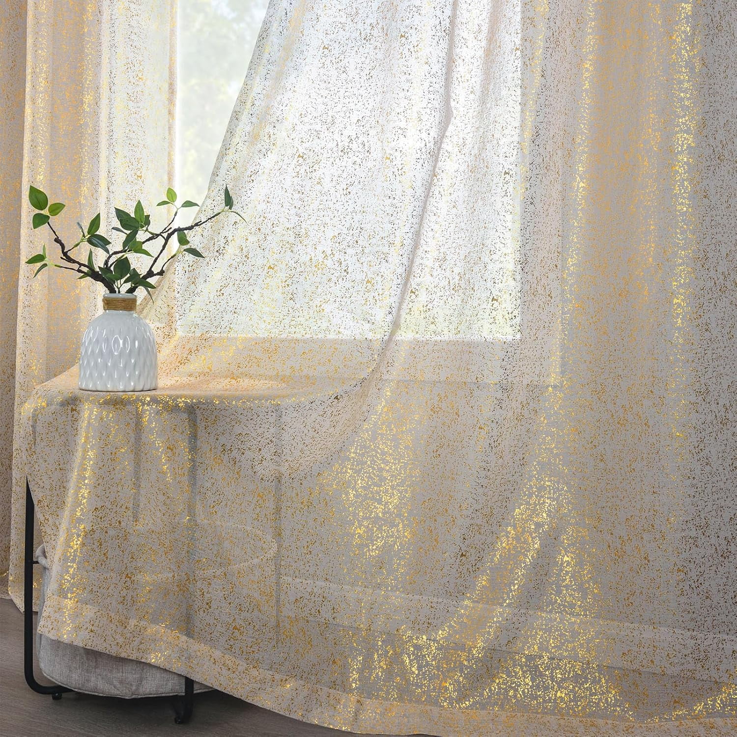 KFHDRS-Gold Sheer Curtains 63 Inch Length for Bedroom, 2 Panels ...