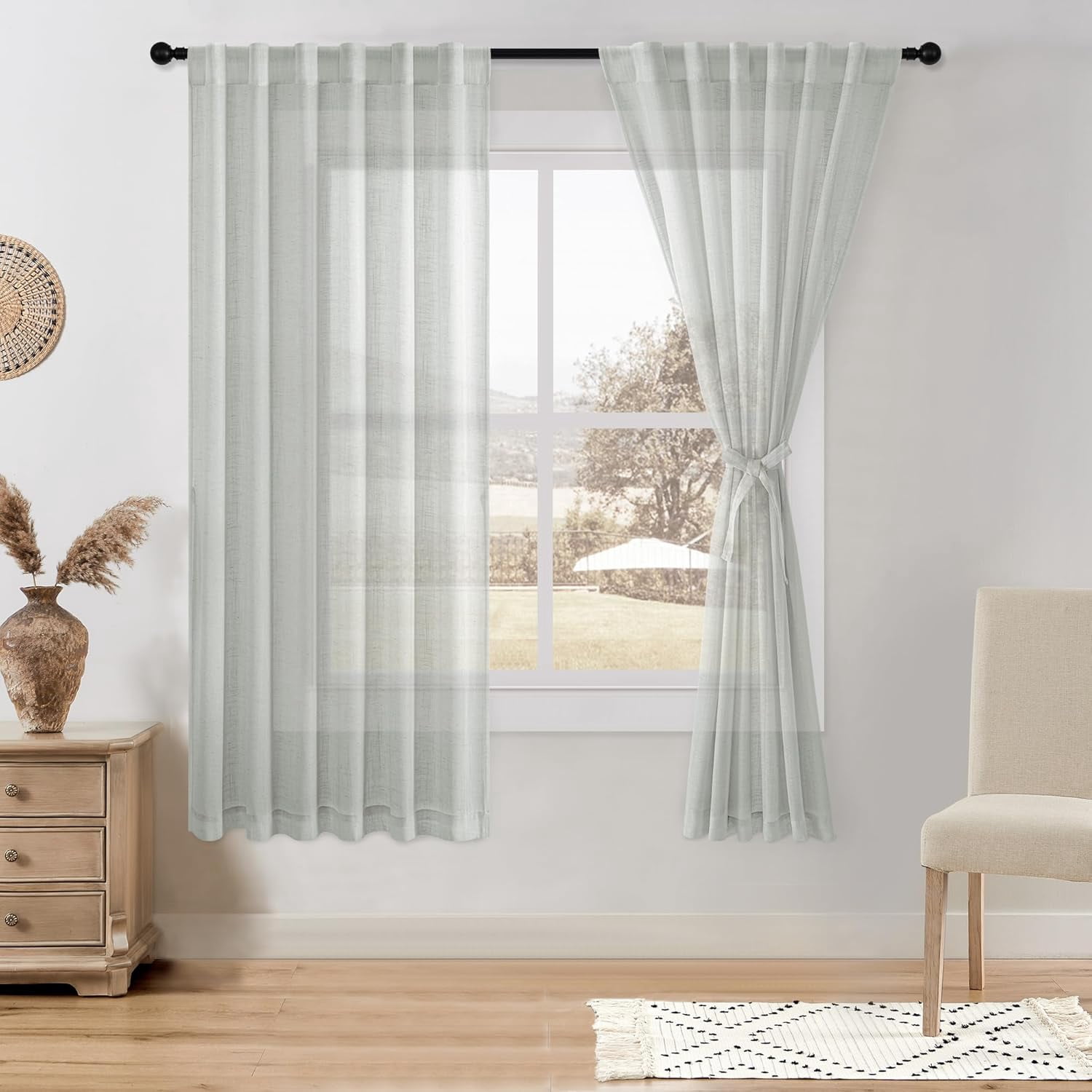 KFHDRS-Grey Sheer Curtains, Rod Pocket & Back Tab Linen Texture Semi ...