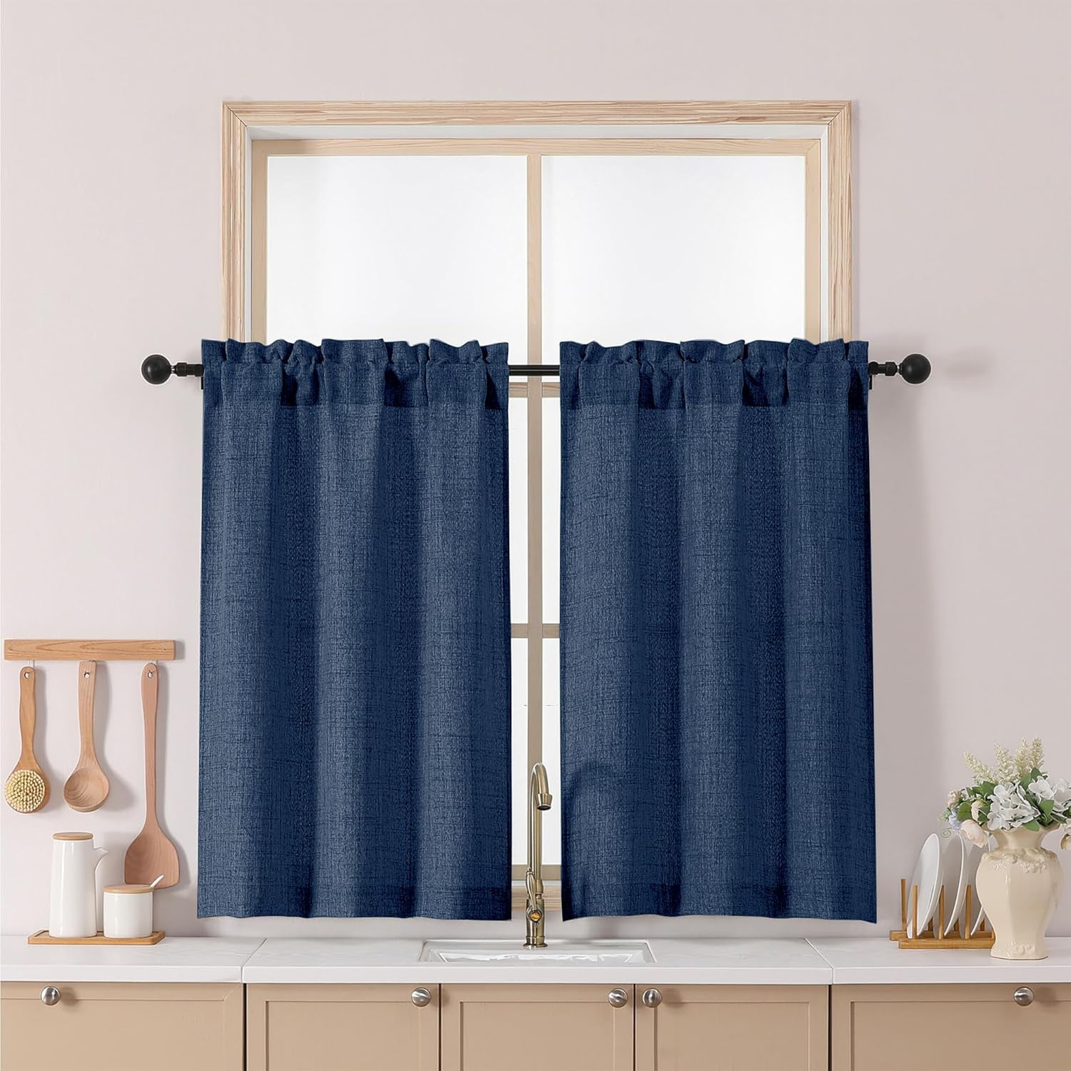 KFHDRS-Navy Blue Curtains 36 Inch Length, Light Filtering Faux Linen ...