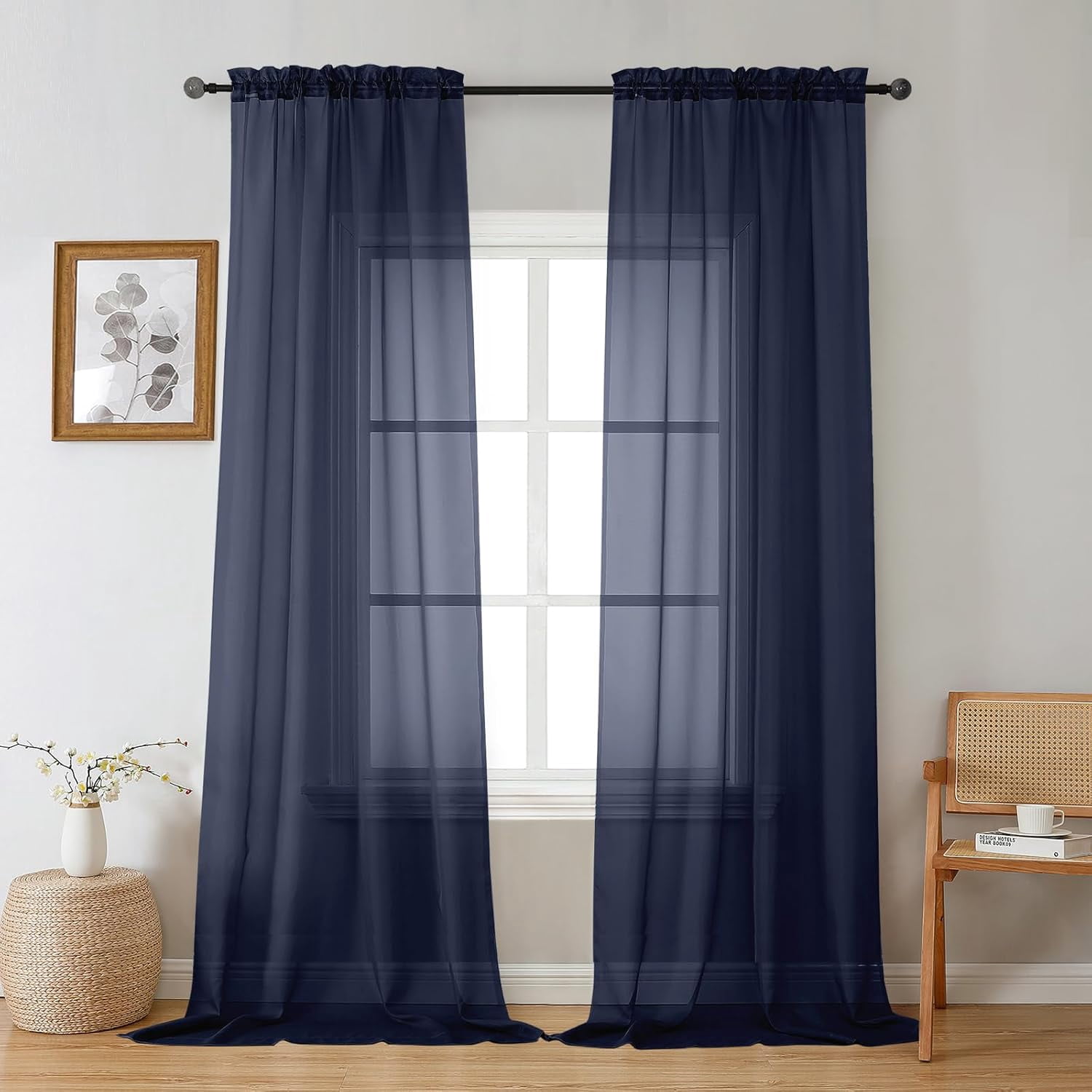 KFHDRS-Navy Blue Sheer Curtains 96 Inches Long 2 Panels, Elegant Window ...