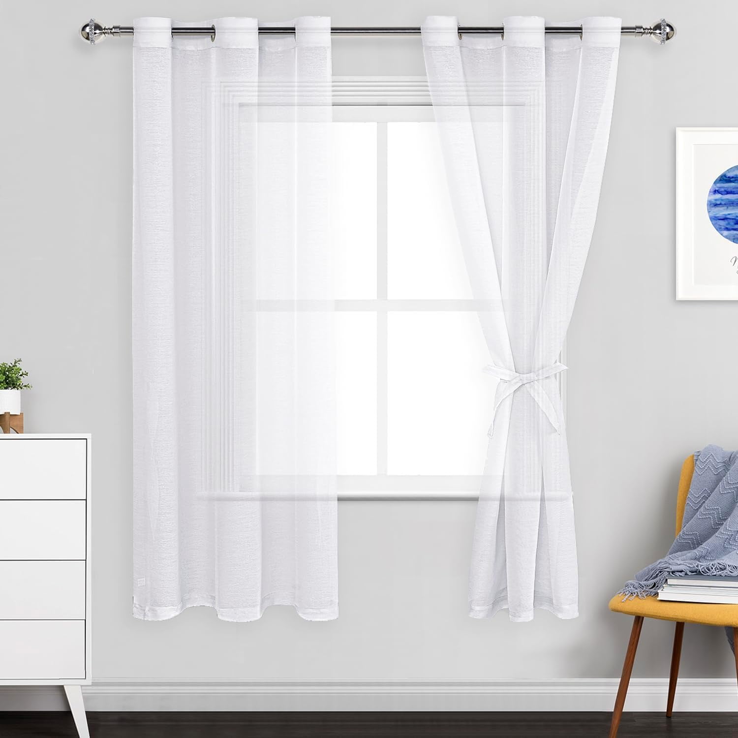 KFHDRS-White Short Kitchen Semi Sheer Curtains, W34 x L63 Extra Long ...