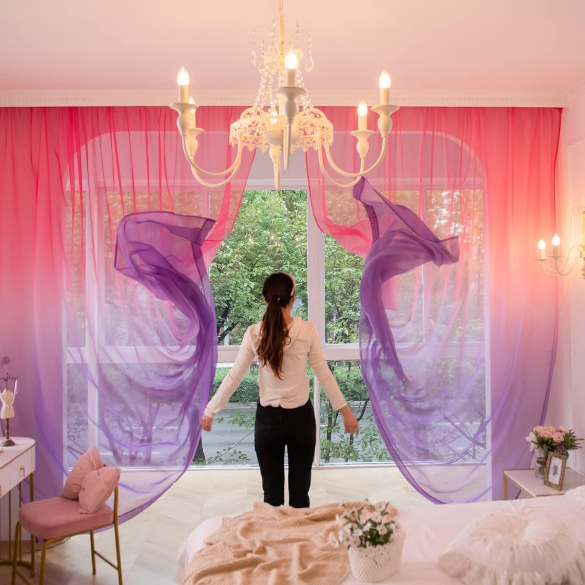 KFHDRS-Windows Gradient Color Sheer Curtains 84 Inches Length 2 Panels ...