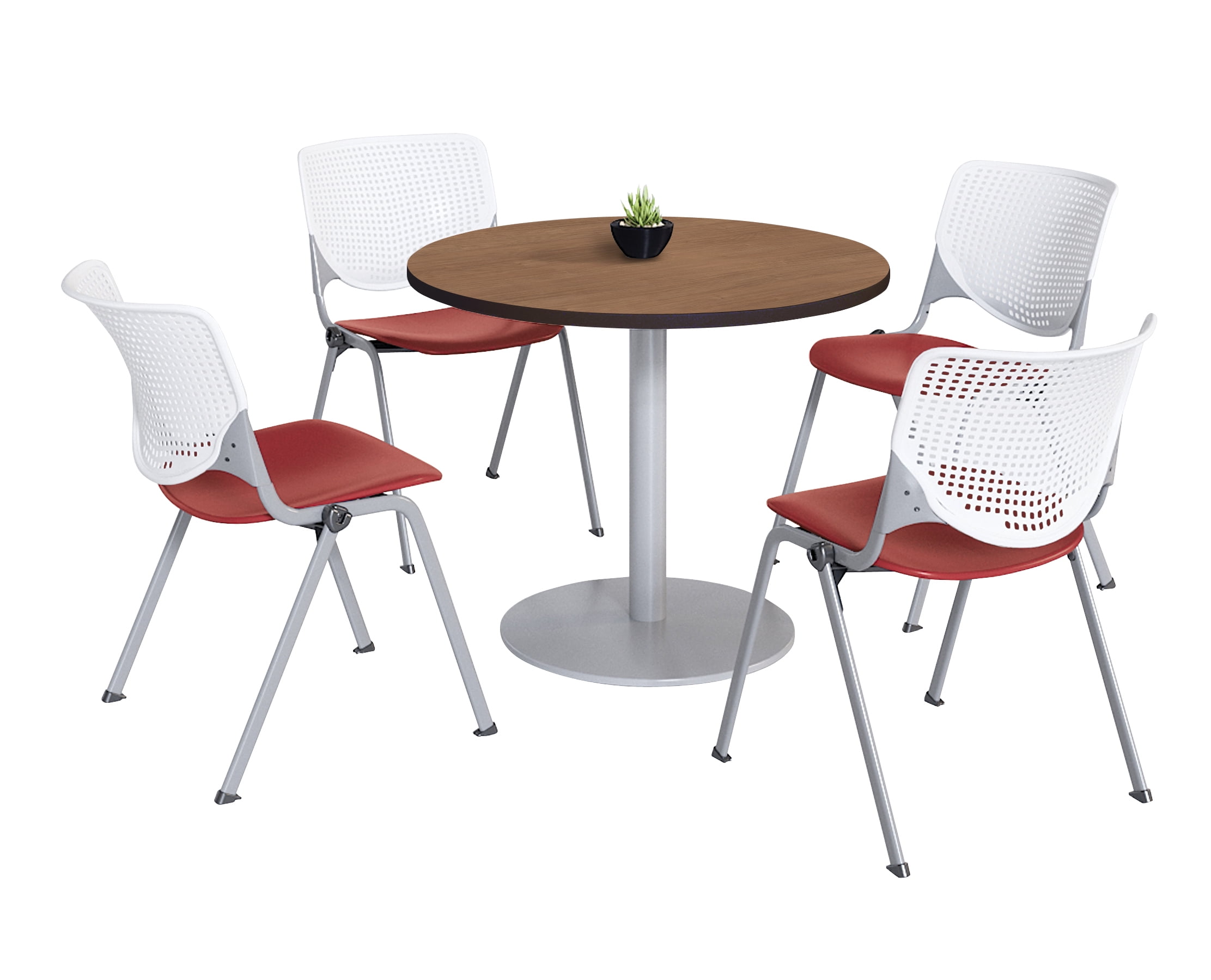 KFI Studios Mode Round 3.5' Dining Table Set, River Cherry, 4 White & Coral KOOL Chairs ...