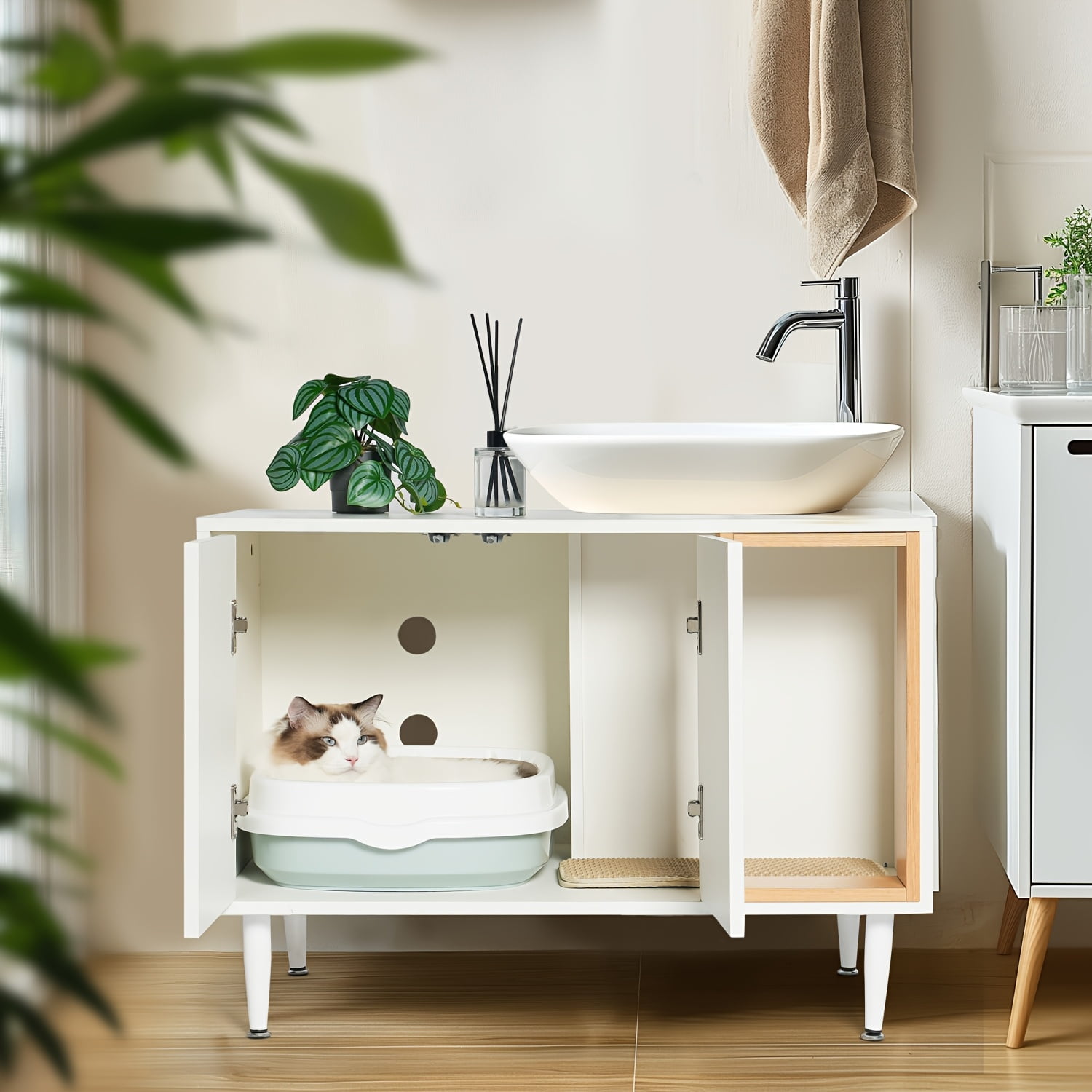 KFM01 White Wooden Cat House Bathroom Sink Cabinet with Litter Box ...
