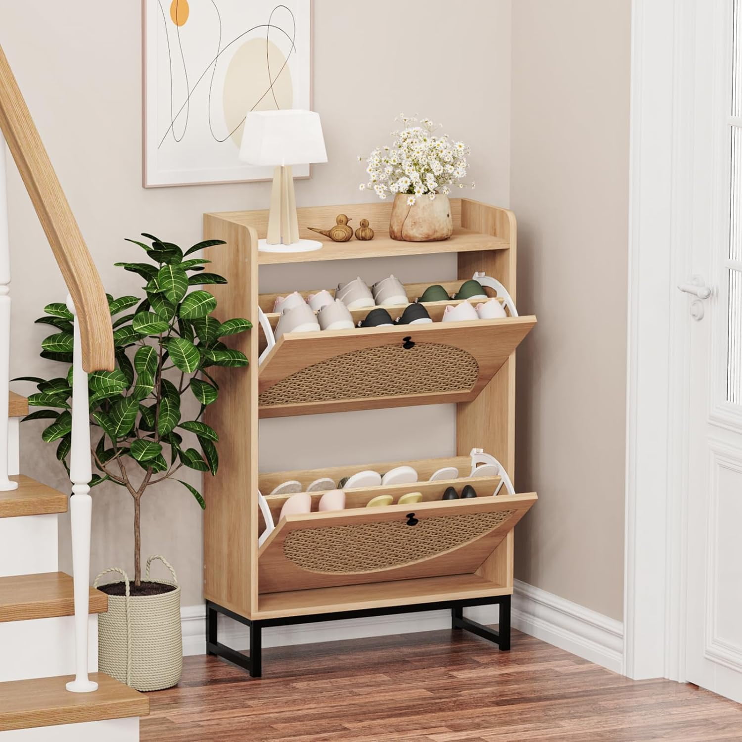 KFO Shoe Cabinet with 2 Handmade Natural Rattan Flip Drawers, Entryway ...