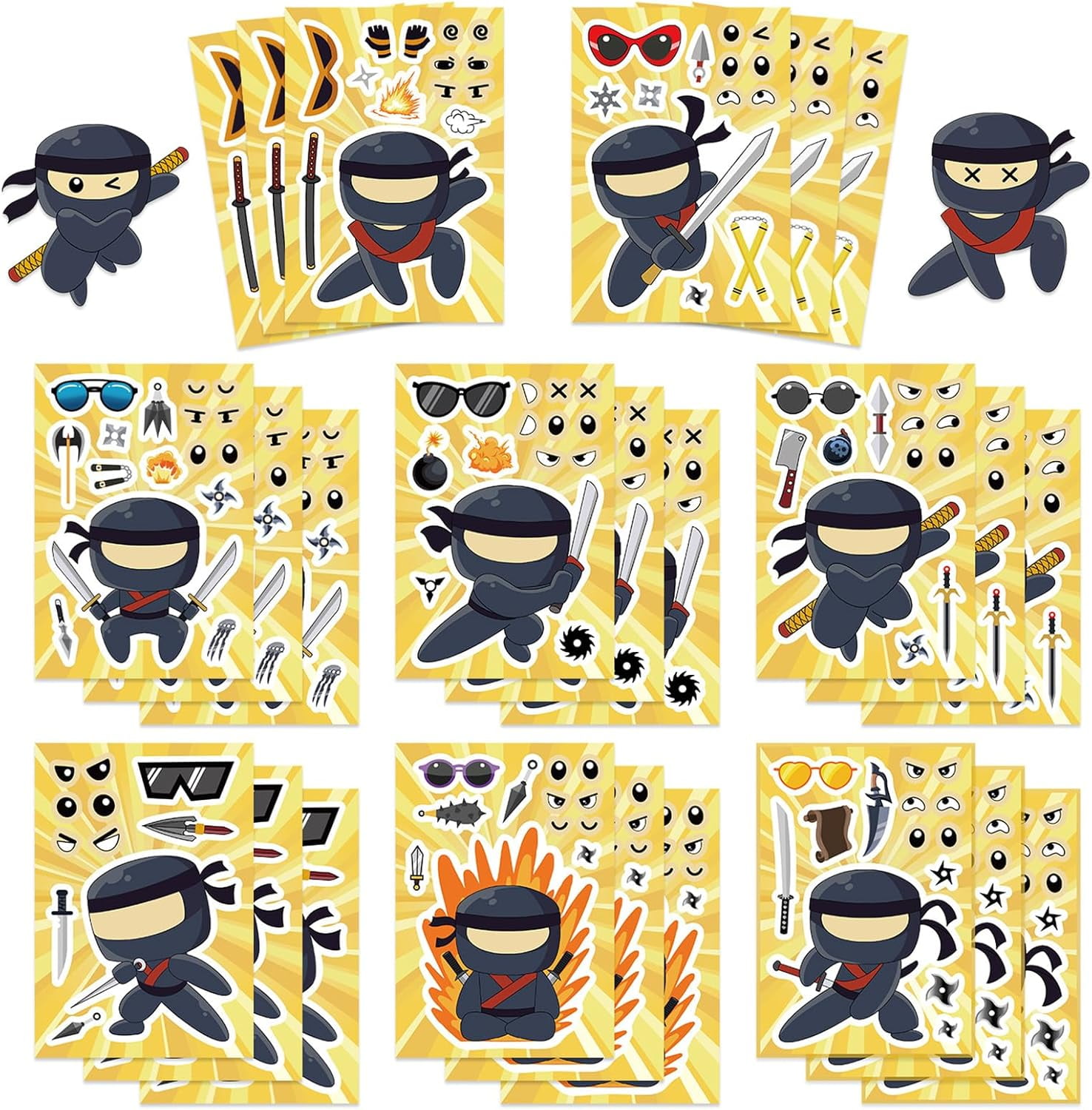 KFSOQE 24 Sheets Ninja Stickers for Kids,Make A Face Ninja Party Favors ...