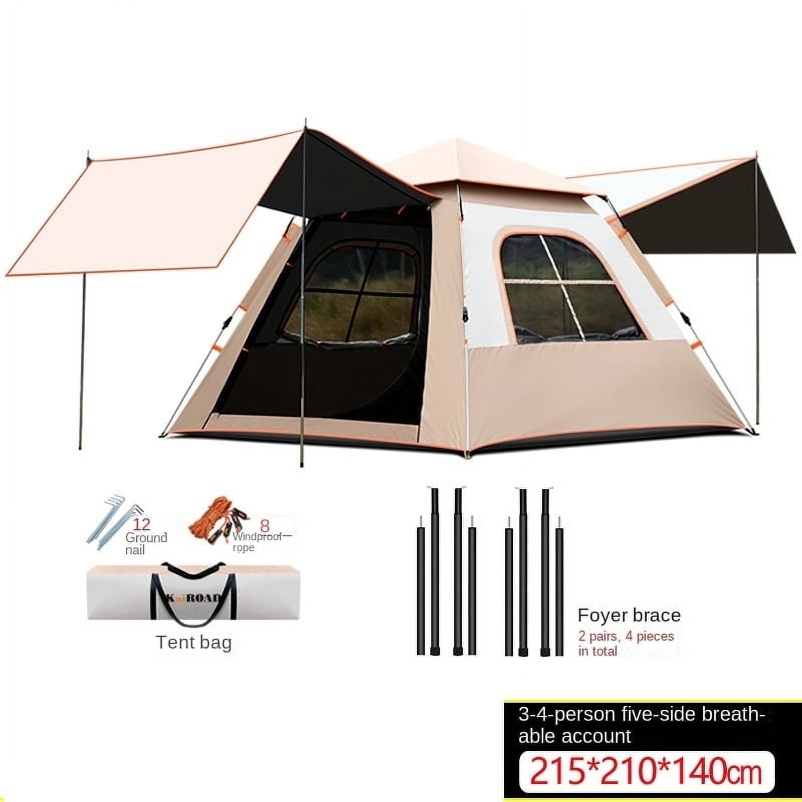KFeng 4 Person Black Vinyl Camping Tent, Waterproof with Shade Awning ...