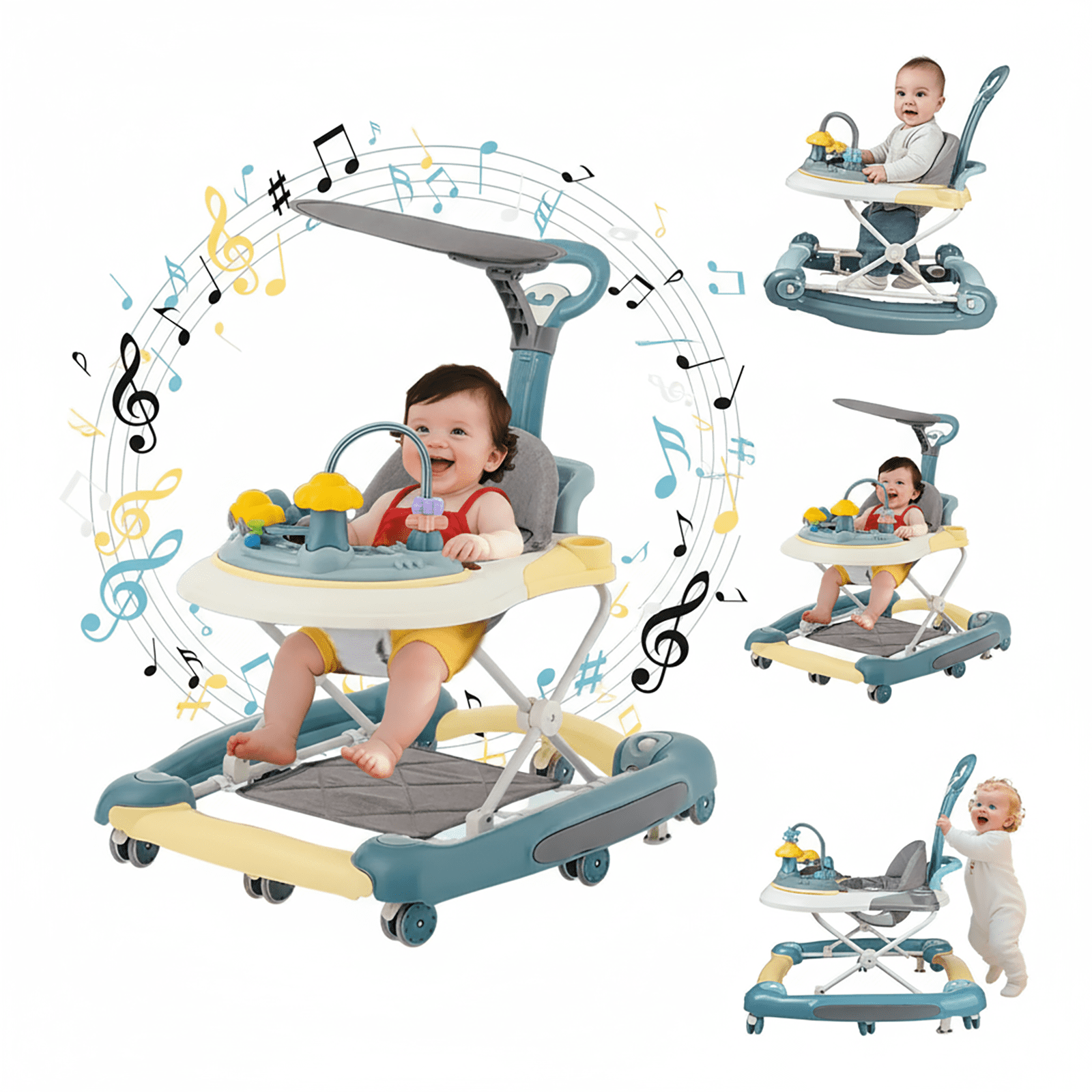 KFeng 4-in-1 Foldable Baby Walker with Toy Tray,3-Level Height ...