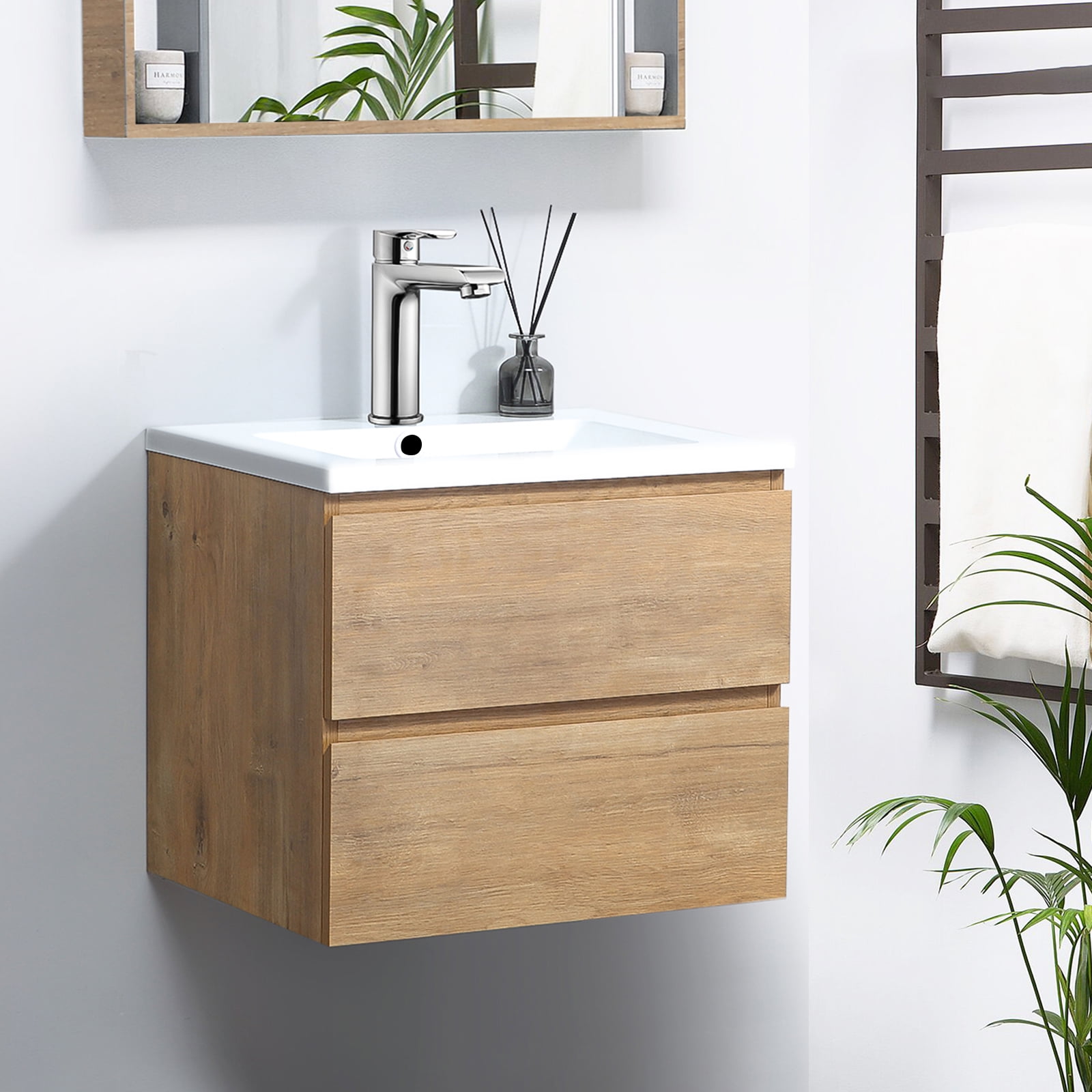 "KGAR 24"" Modern Oak Bathroom Vanity with Sink, Wall Mounted Floating ...