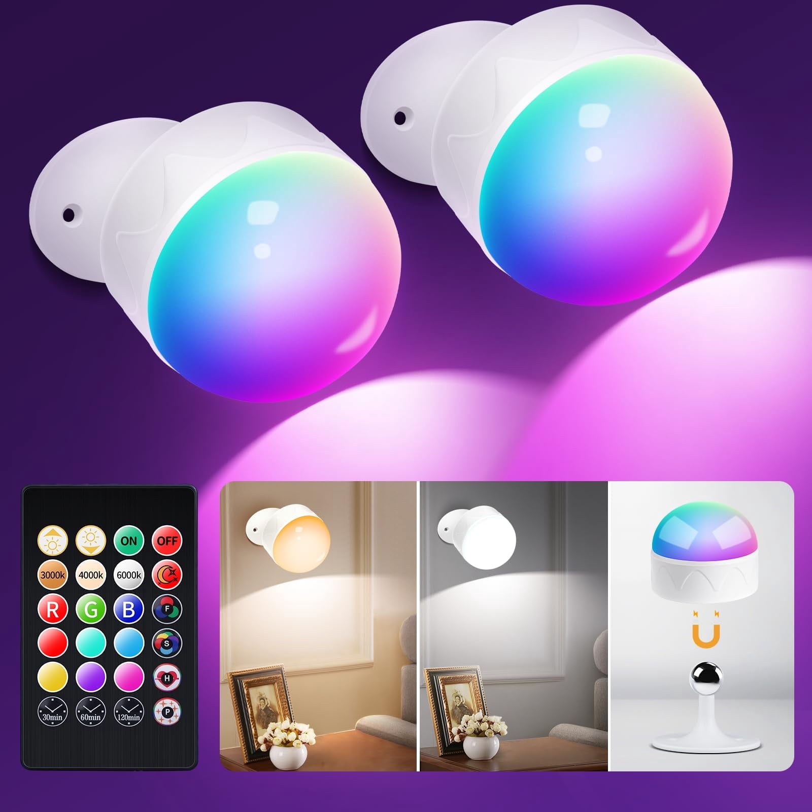KGC Wireless Rechargeble LED Wall Light Bulb Indoor 360° Rotatable ...