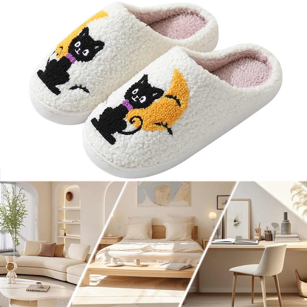 KGOTA Halloween Cat Moon Slippers Plush Black Cat Slippers Comfortable ...