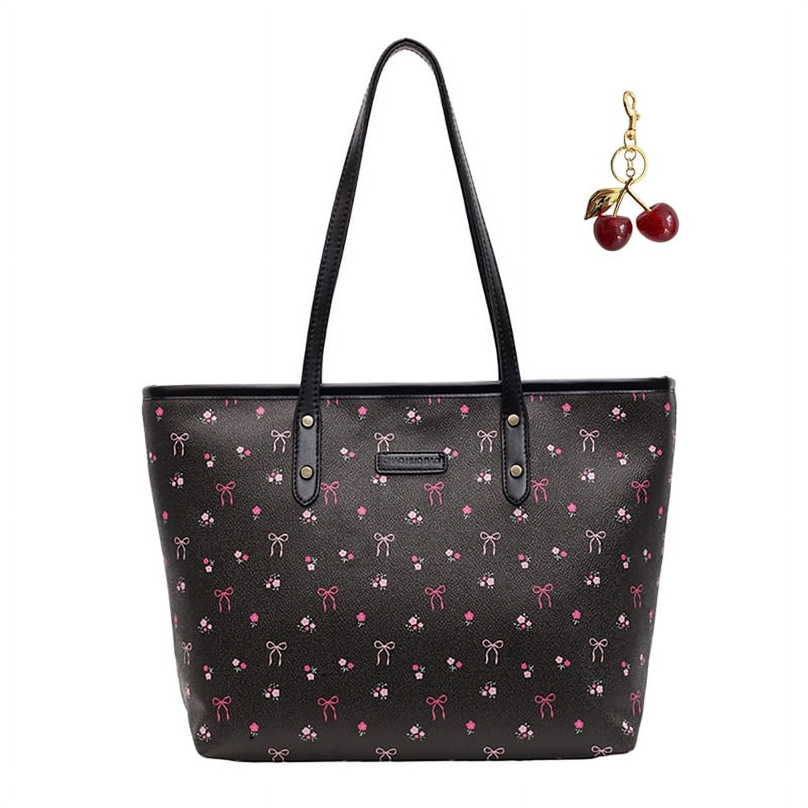 KGOTA Women Cherry Print Pu Tote Bag Cherry Keychain Cute Large ...