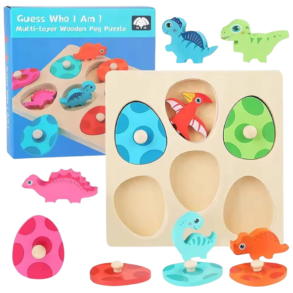 KGOTA Wooden Puzzles Dinosaur Match Eggs Peg Puzzles Montessori Toys ...