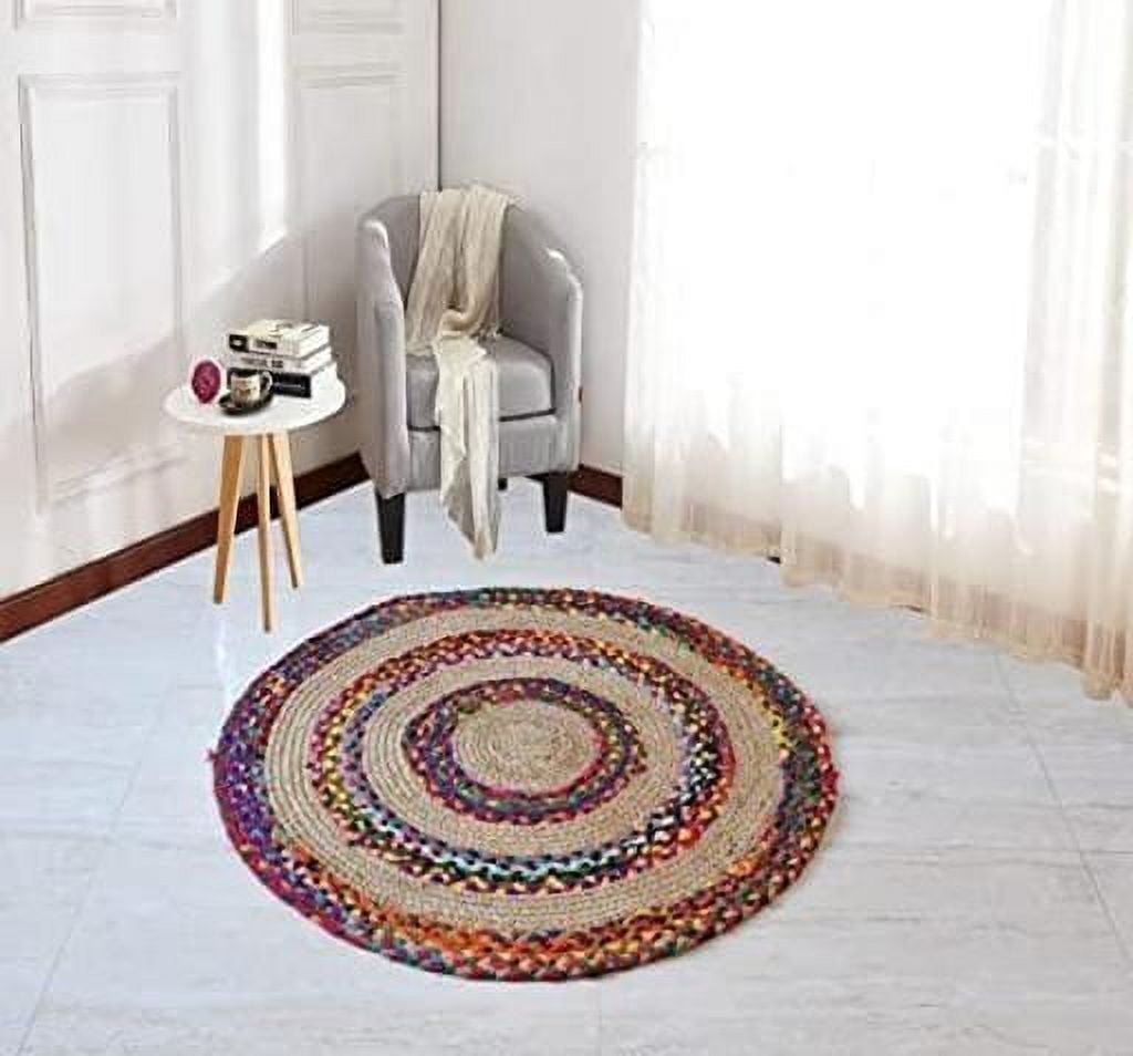 KH Handloom Handmade Hand Braided Natural Jute and Cotton Carpet for Living Room, Jute Round ...