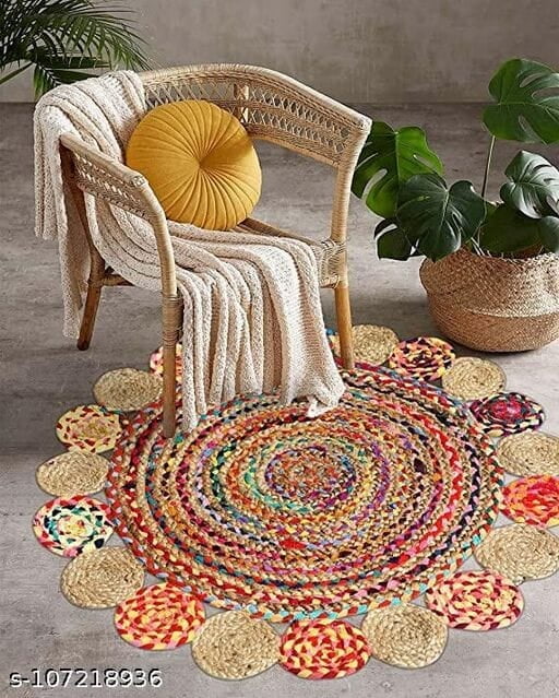 KH Handloom Handmade Hand Braided Natural Jute and Cotton Carpet for Living Room, Jute Round ...